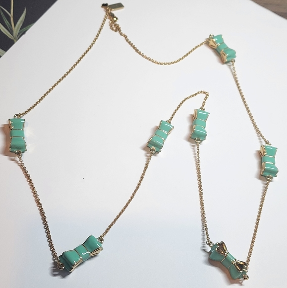 kate spade | Jewelry | Kate Spade Turquoise Bow Long Gold Necklace 3 ...